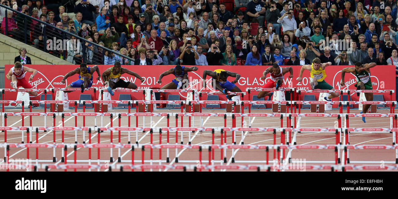 The first hurdle - Mens 110m Final. Athletics - Hampden Park - Glasgow ...