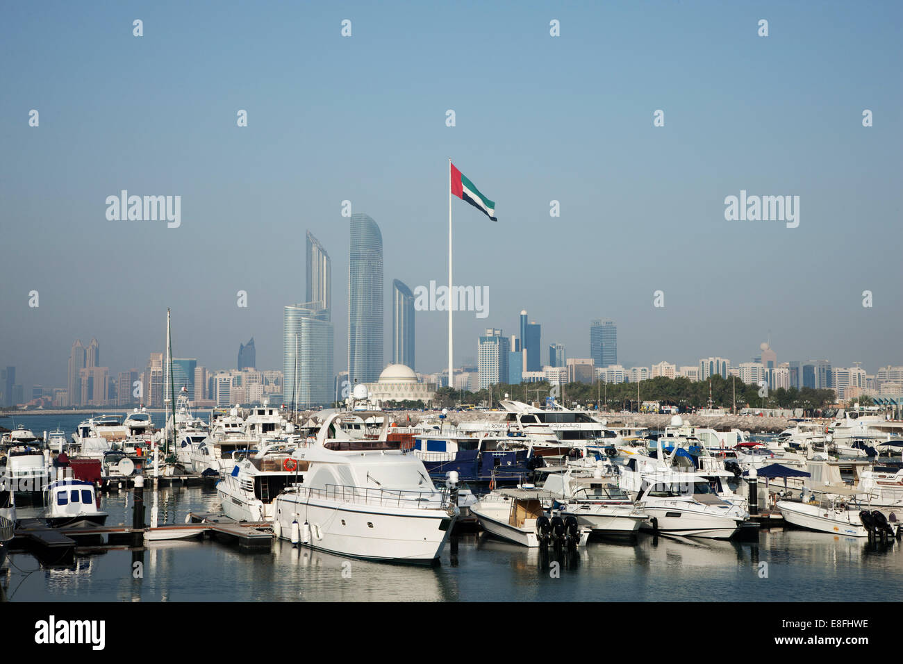 Harbor and city skyline, Abu Dhabi, United Arab Emirates Stock Photo ...