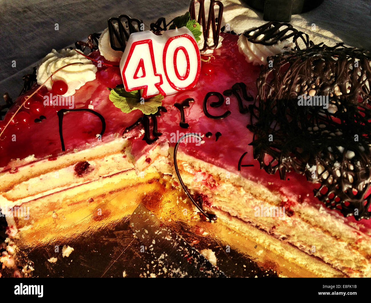 40th birthday cake with slice missing Stock Photo - Alamy