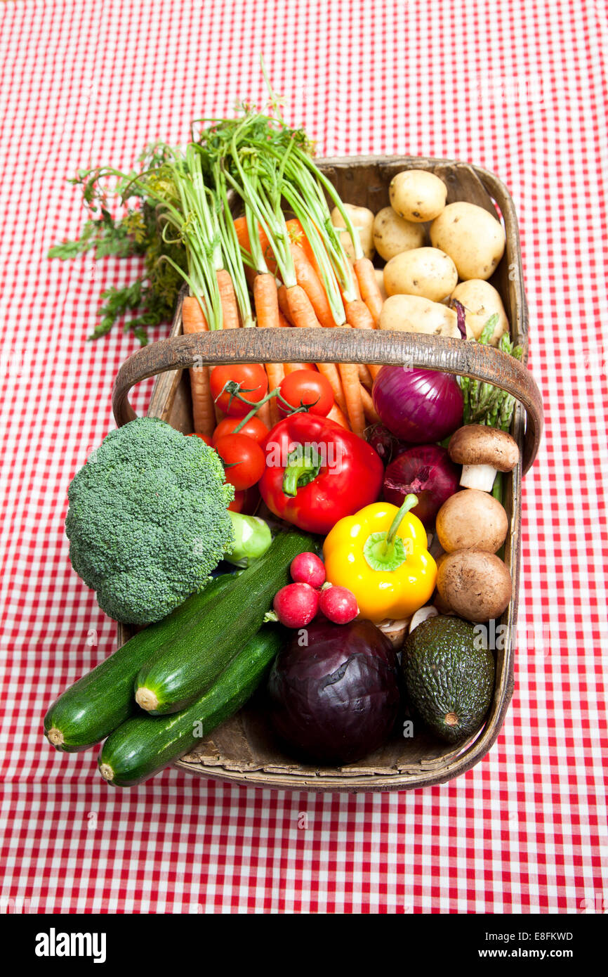 Close-Up overhead view of a basket filled with assorted fresh fruit and ...
