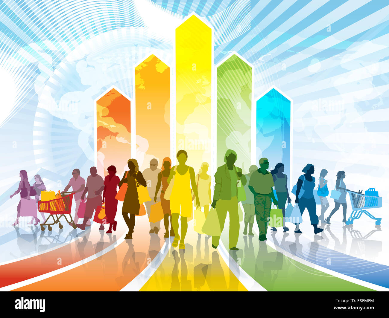 Colorful crowd of shopping people. Happy people holding shopping bags ...