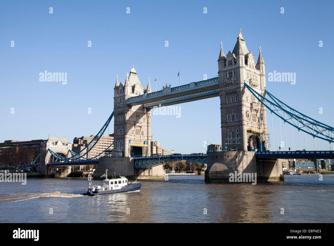 Boat sailing on River Thames towards Tower Bridge, London, England, UK ...
