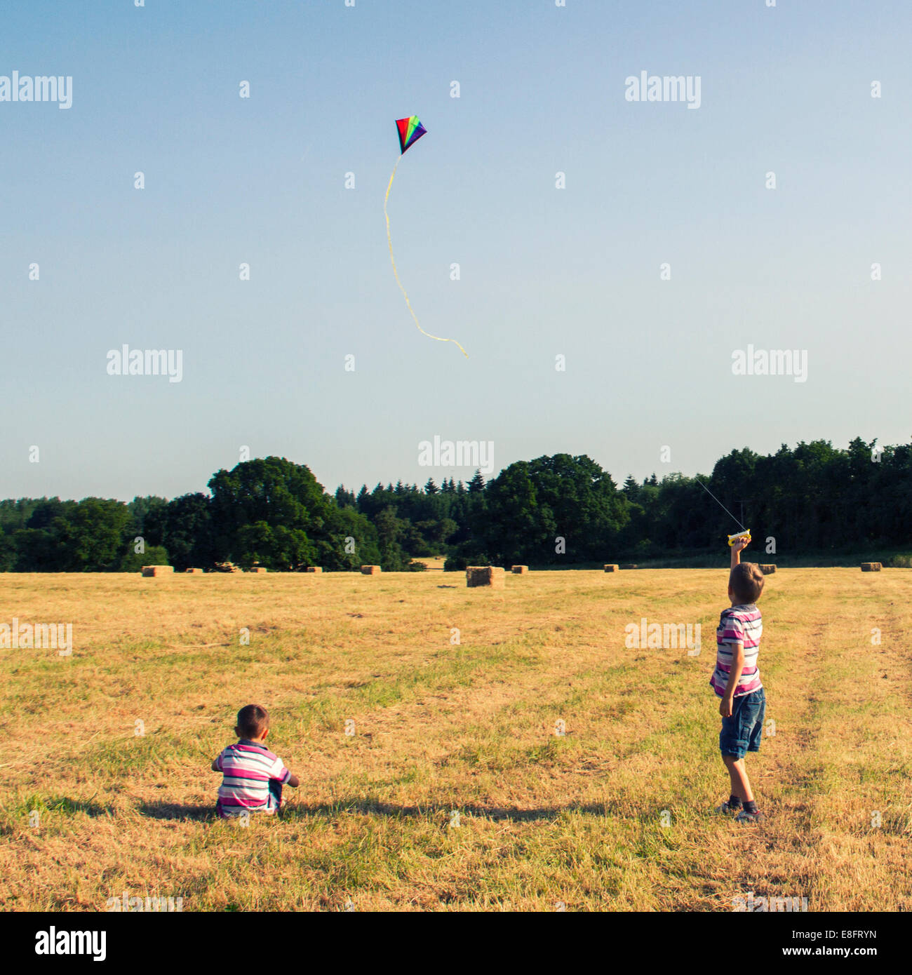 Two boys in a field flying a kite, England, UK Stock Photo - Alamy