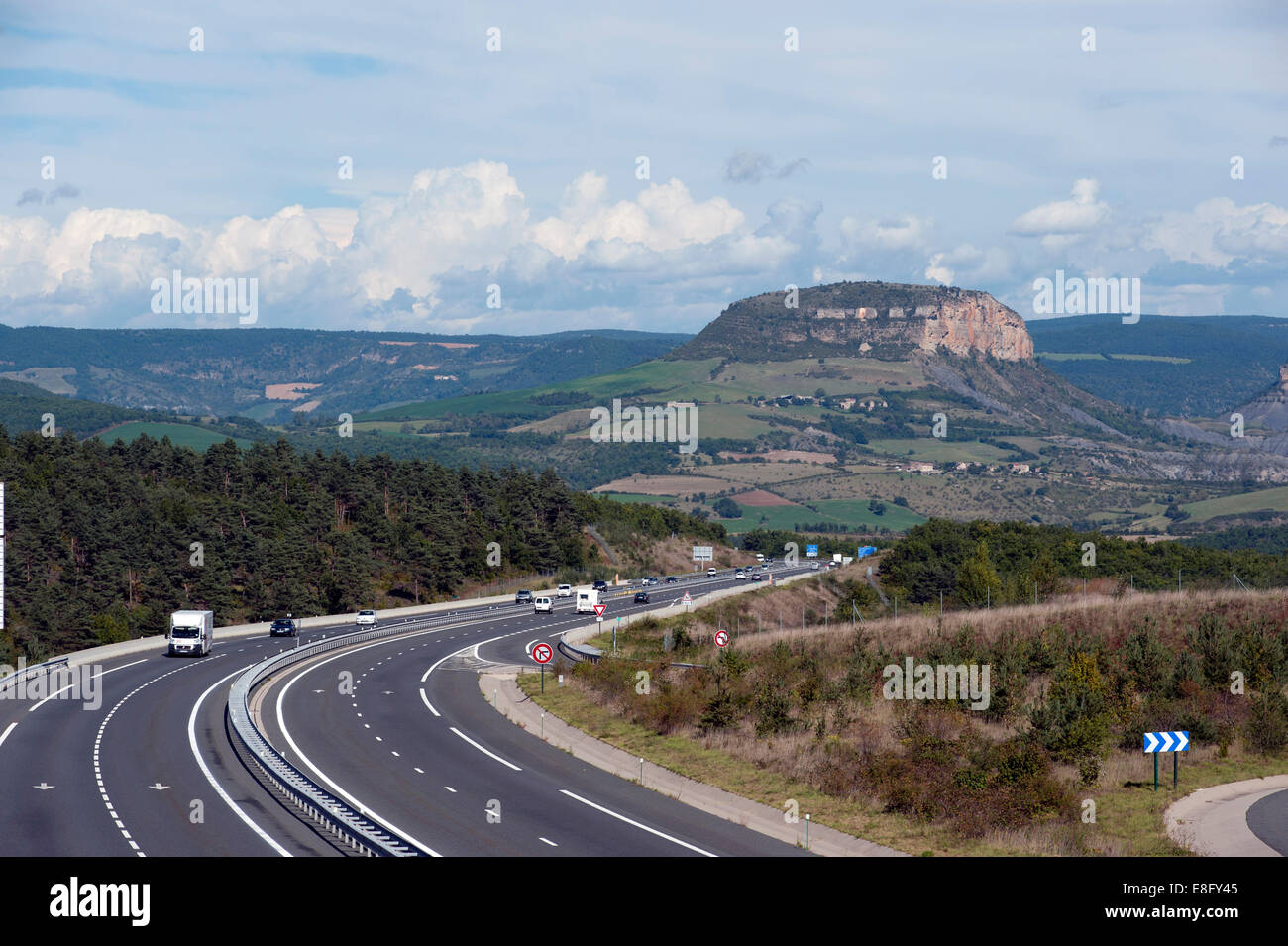 France A75 Autoroute looking north towards Volcanic Plug in Gorges du ...