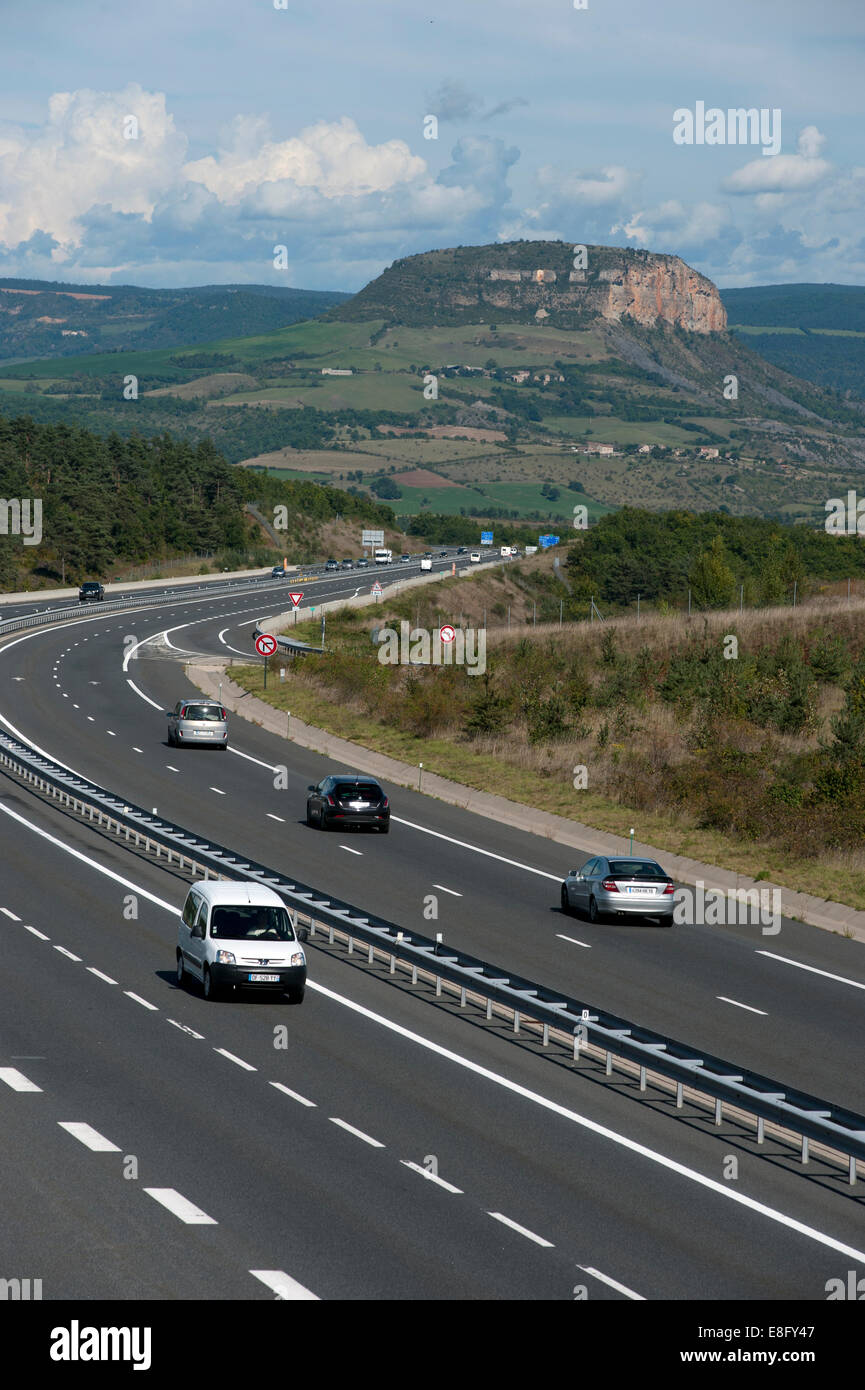 France A75 Autoroute looking north towards Volcanic Plug in Gorges du ...