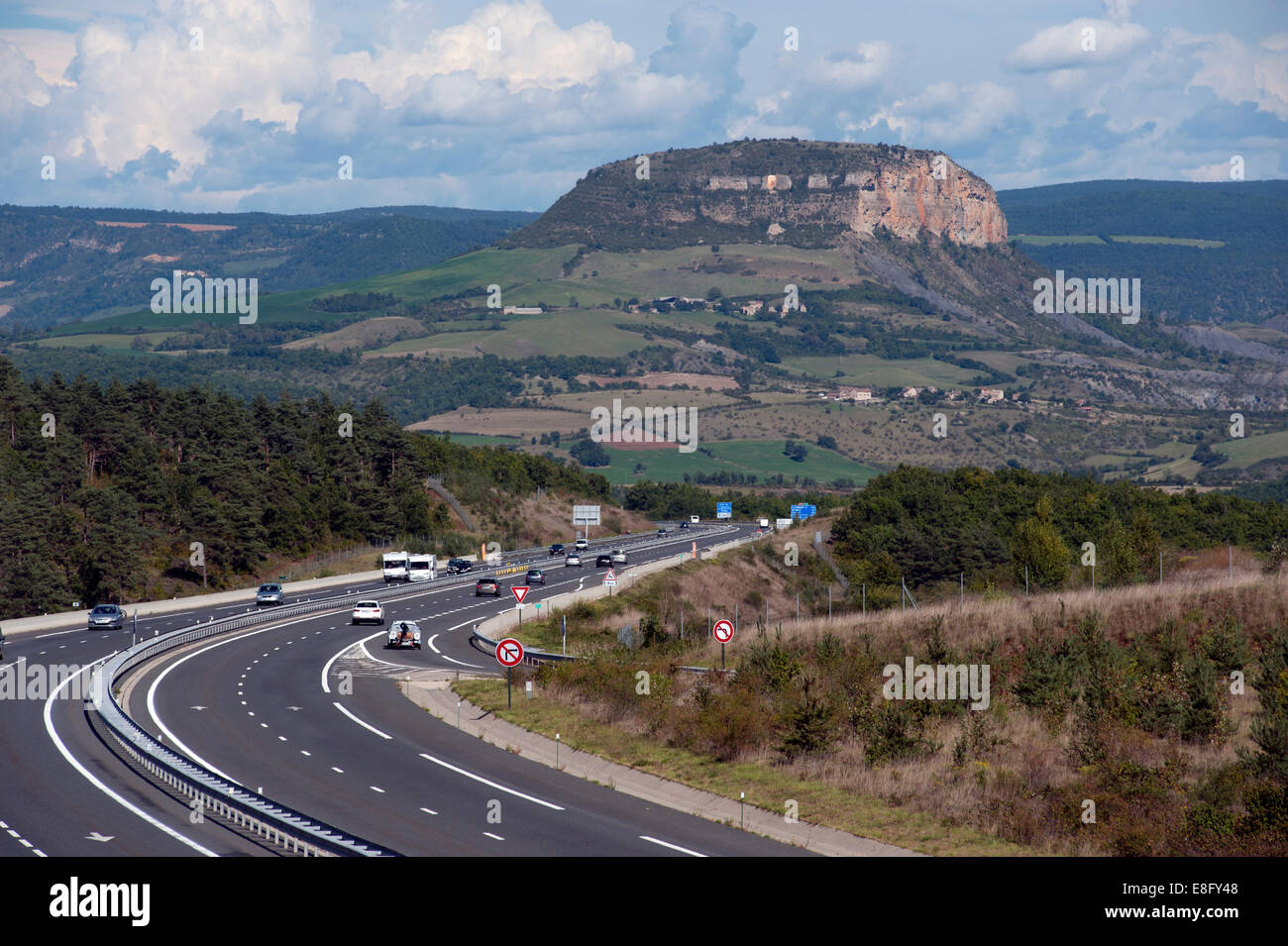 France A75 Autoroute looking north towards Volcanic Plug in Gorges du ...