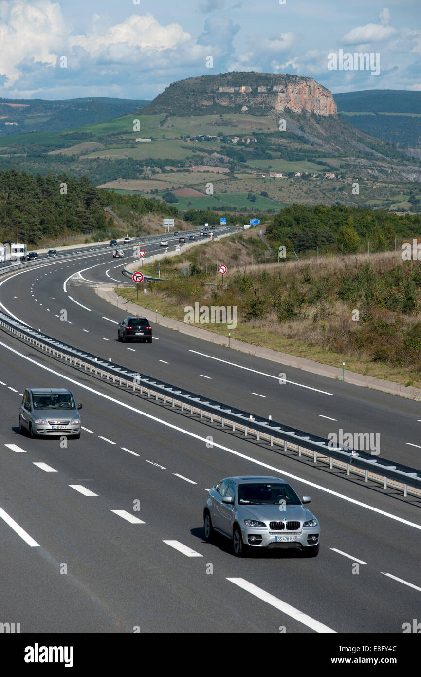 France A75 Autoroute looking north towards Volcanic Plug in Gorges du ...