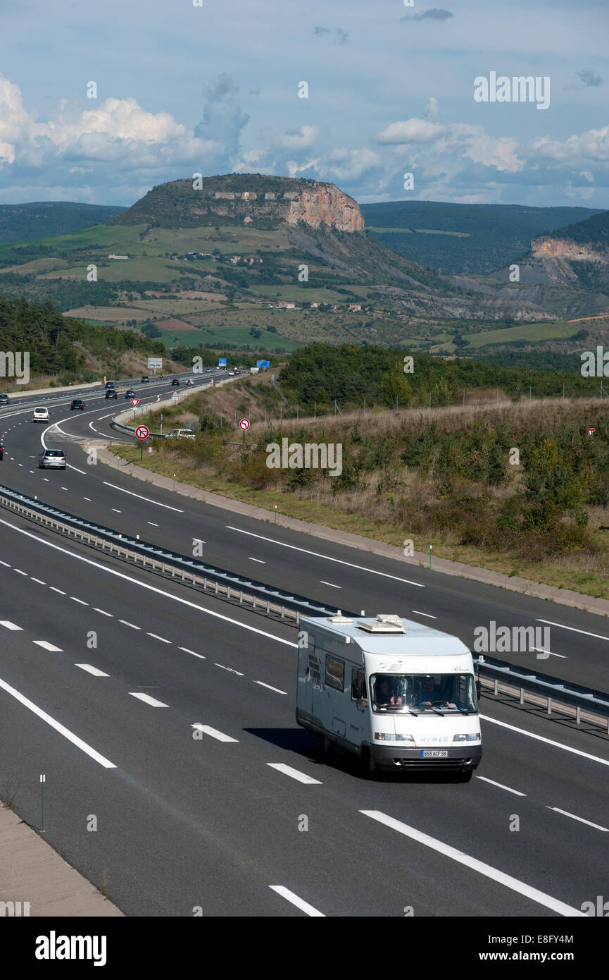 France A75 Autoroute looking north towards Volcanic Plug in Gorges du ...