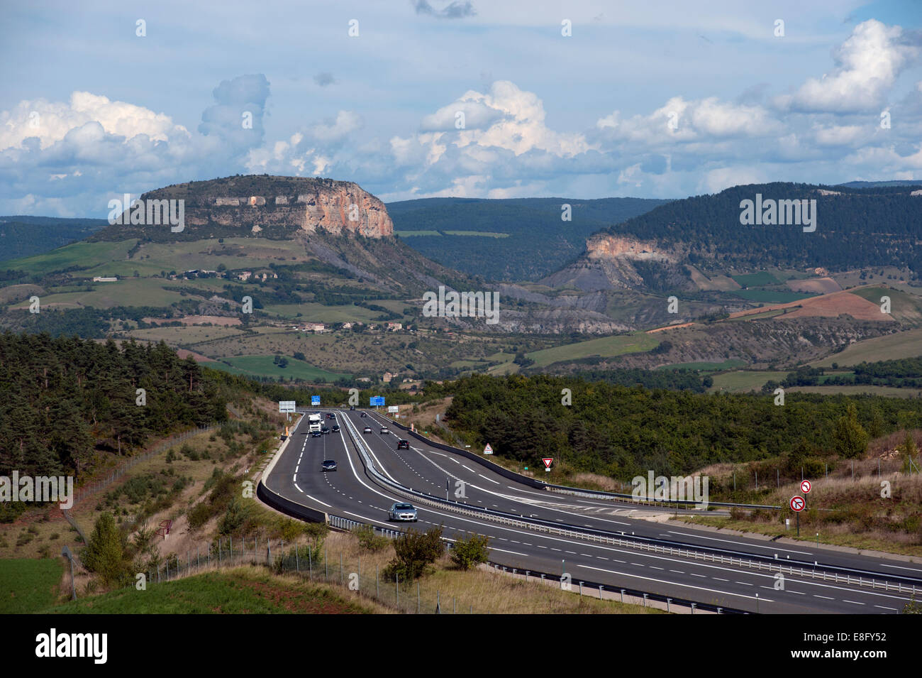 France A75 Autoroute looking north towards Volcanic Plug in Gorges du ...