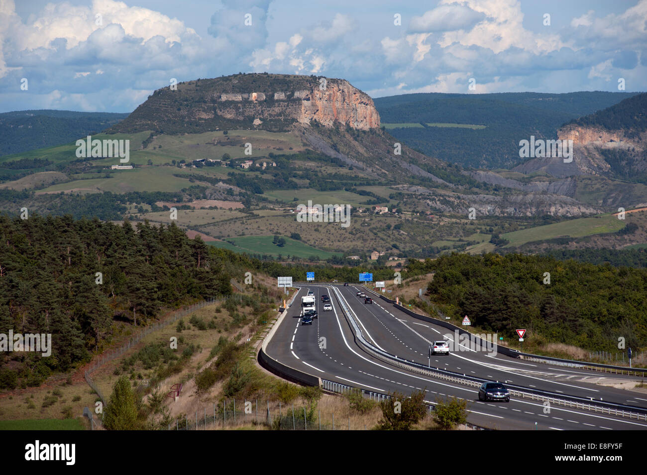 France A75 Autoroute looking north towards Volcanic Plug in Gorges du ...