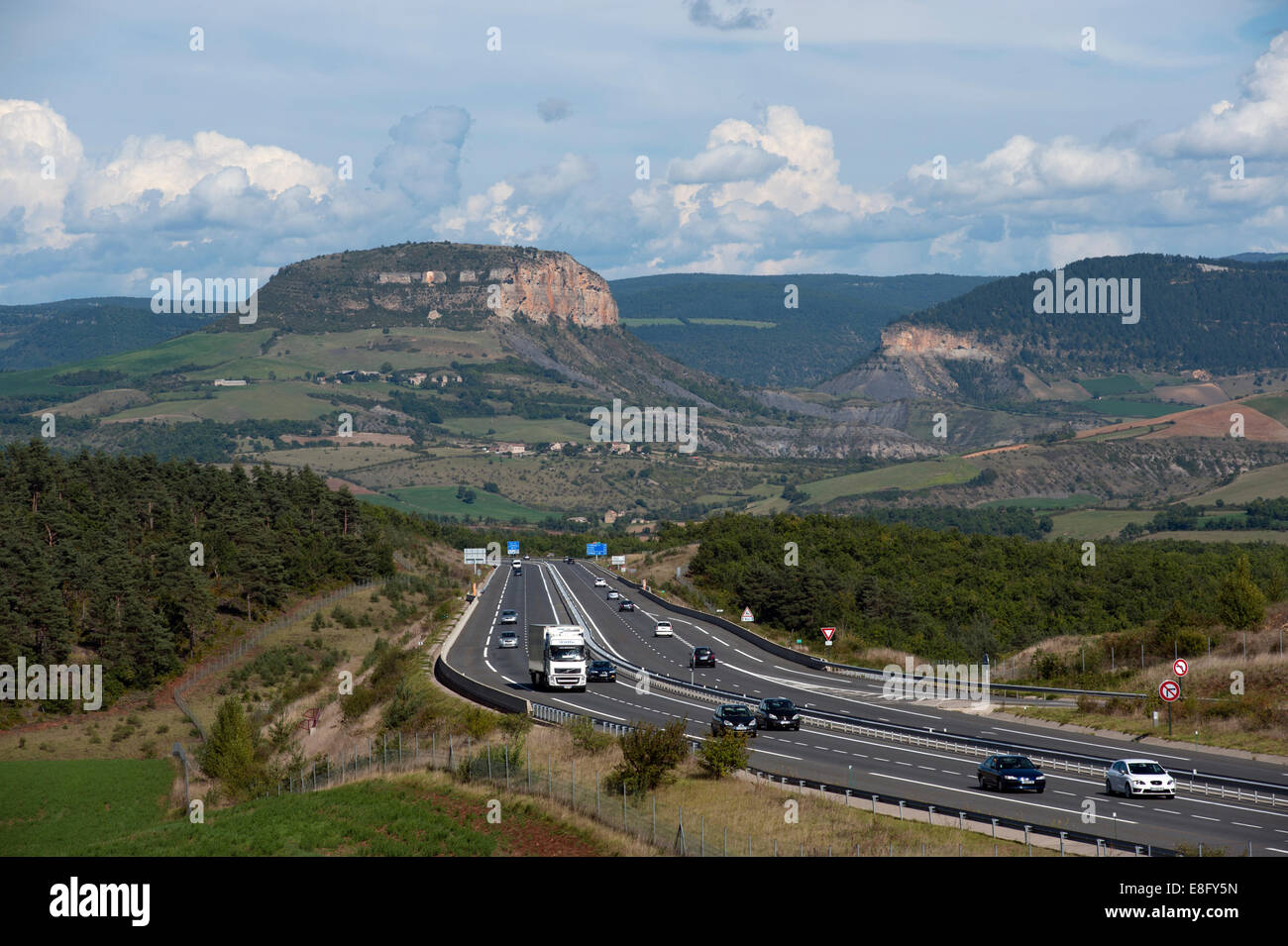France A75 Autoroute looking north towards Volcanic Plug in Gorges du ...