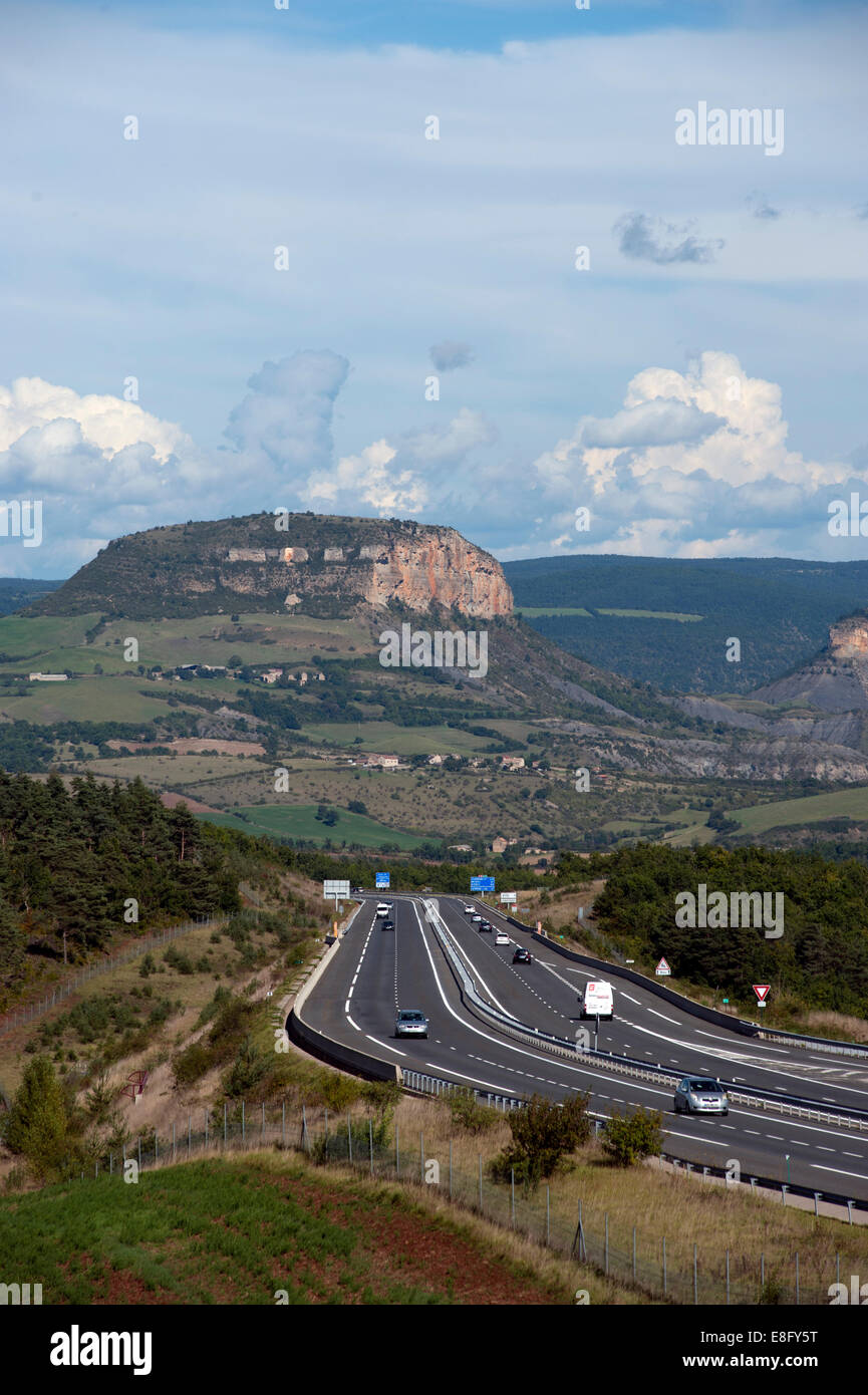 France A75 Autoroute looking north towards Volcanic Plug in Gorges du ...
