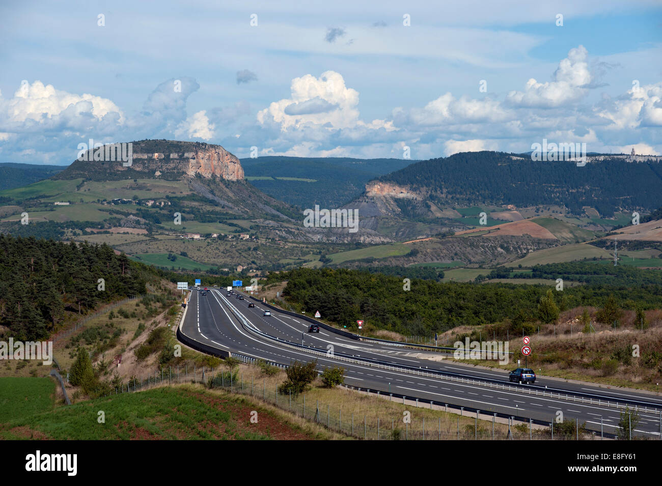 France A75 Autoroute looking north towards Volcanic Plug in Gorges du ...
