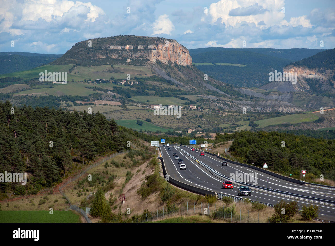 France A75 Autoroute looking north towards Volcanic Plug in Gorges du ...