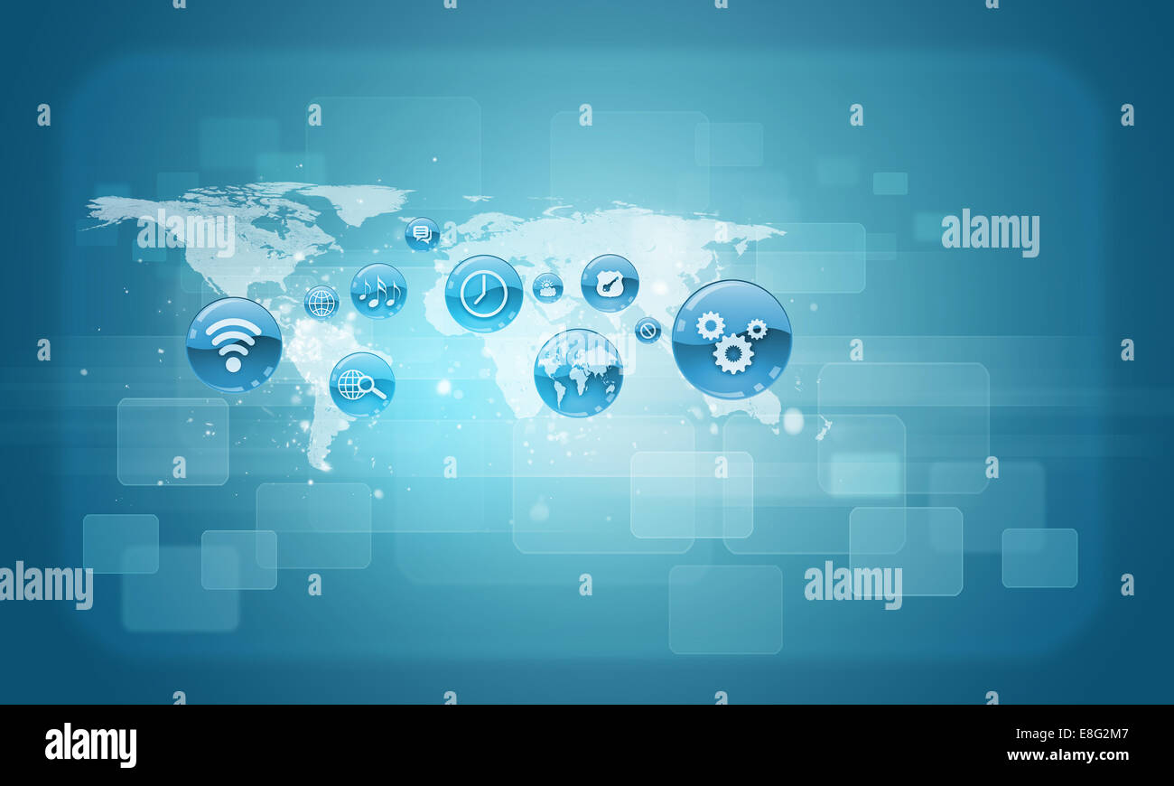 World map with app icons Stock Photo - Alamy
