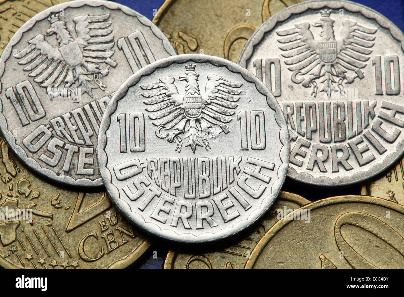 Coins of Austria. Austrian national coat of arms depicted in the old ...