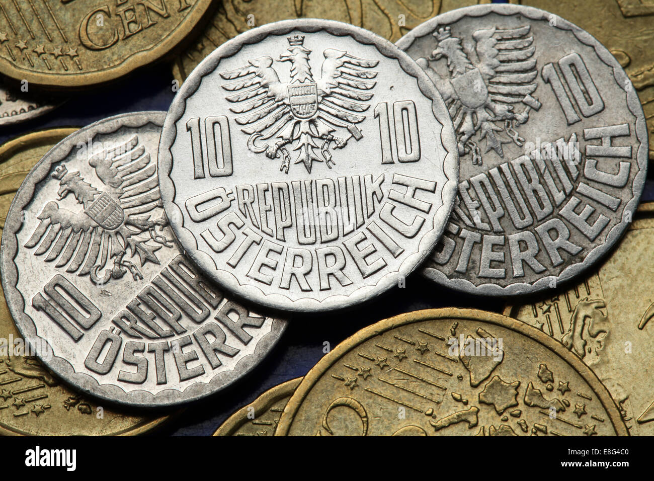 Coins of Austria. Austrian national coat of arms depicted in the old ...