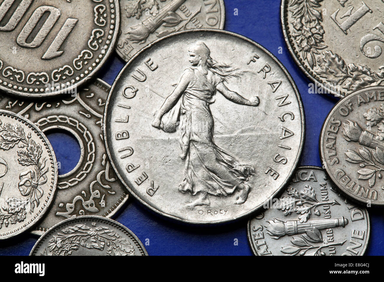 Coins of France. The sower designed by Oscar Roty depicted in the old ...