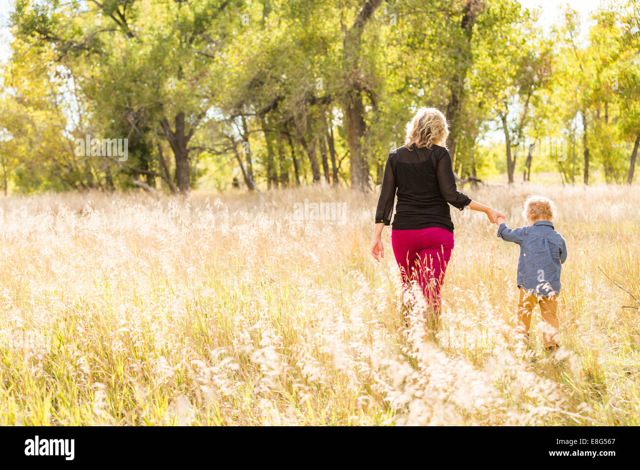 Lovely family enjoying weekend in open space park in early Autumn Stock ...