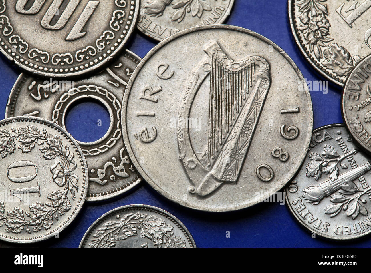 Coins of Ireland. Celtic harp depicted in the old Irish ten pence coin ...