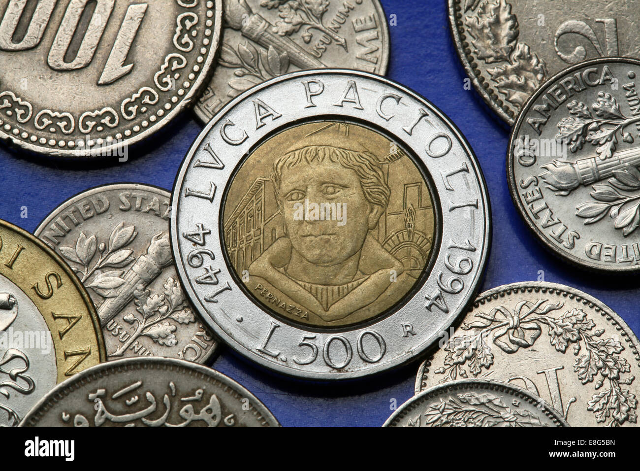 Coins of Italy. Italian Renaissance mathematician Luca Pacioli depicted ...