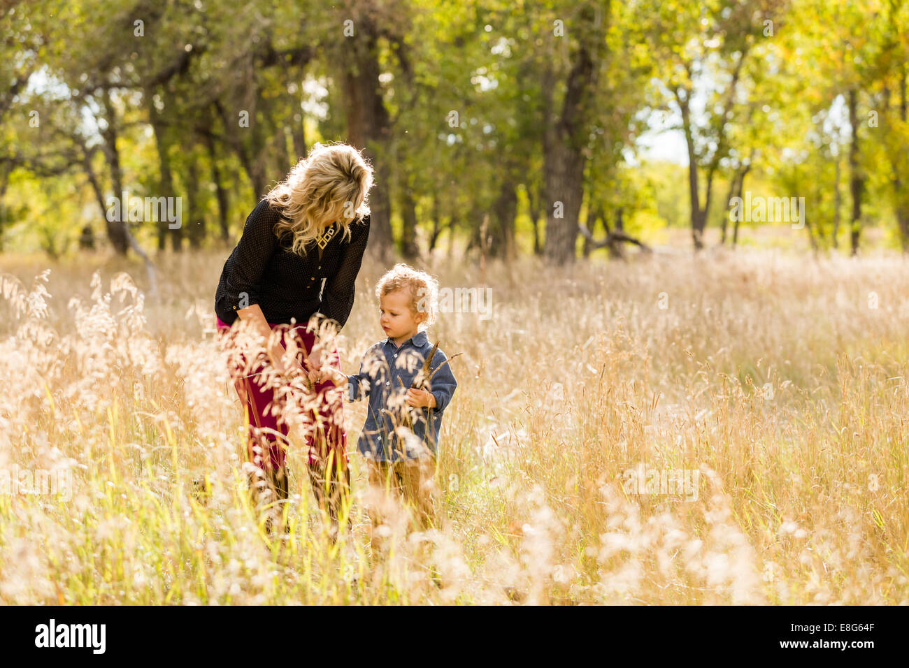 Lovely family enjoying weekend in open space park in early Autumn Stock ...