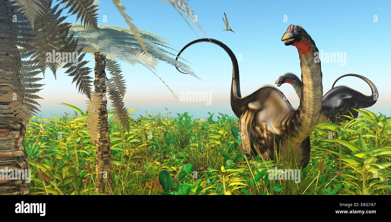 A Pteranodon flies past two Apatosaurus dinosaurs in a lush Cretaceous ...