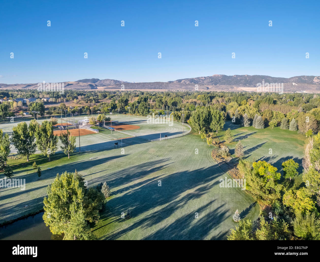 aerial view of a local park with baseball fields in Fort Collins ...