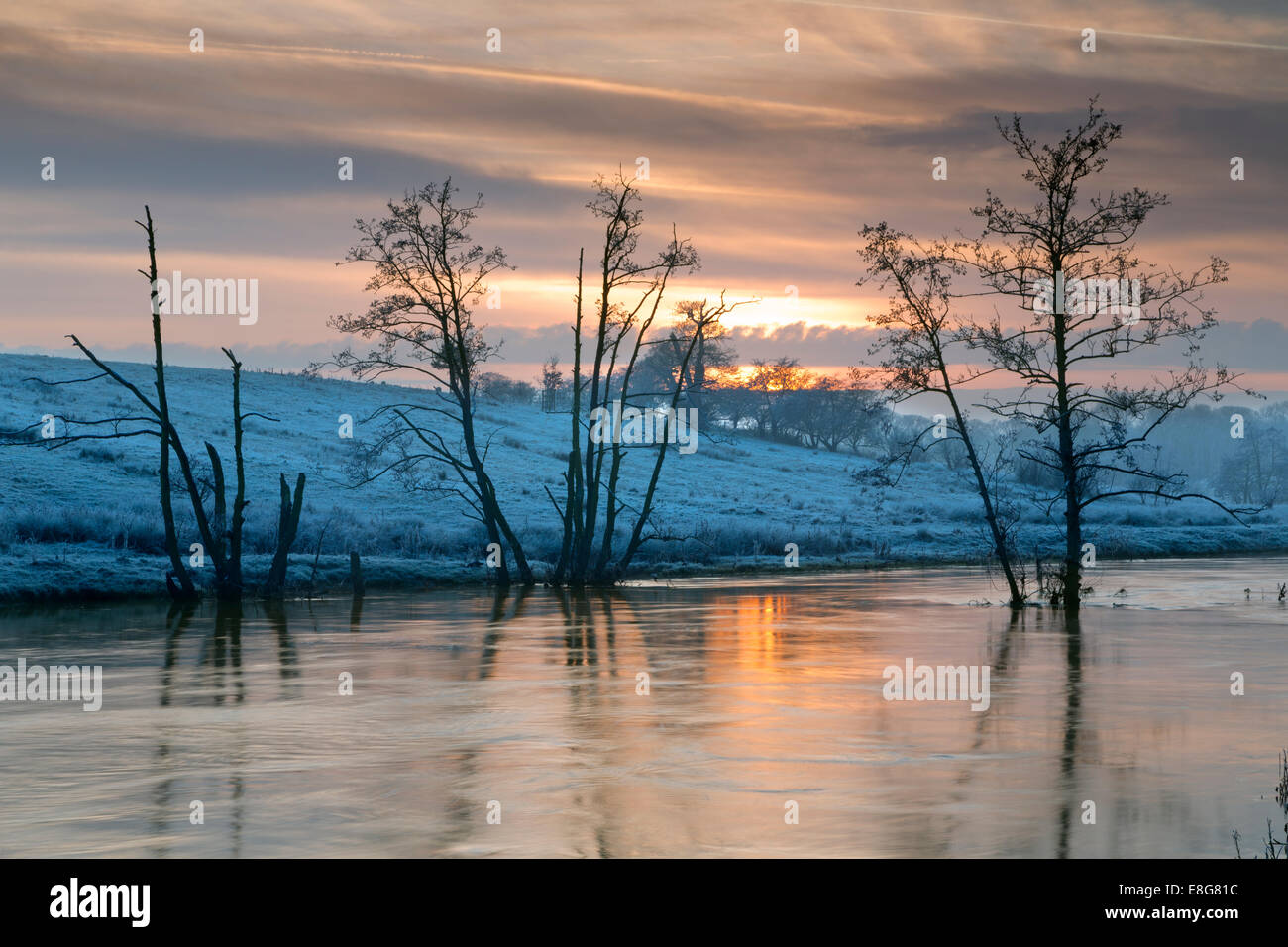 The River Derwent in flood at Howsham in North Yorkshire, in winter at ...