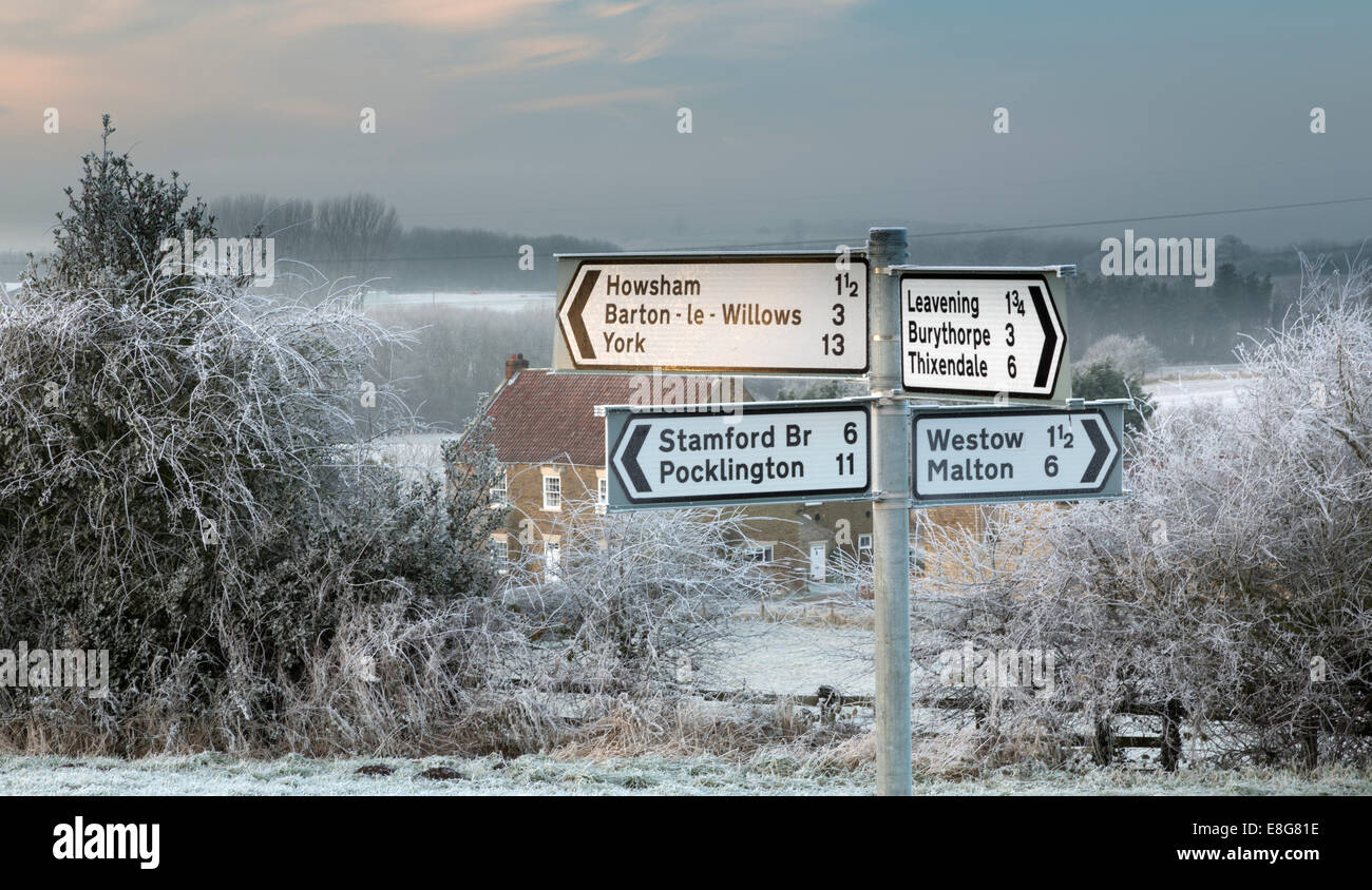 A frosty east Yorkshire village road sign Stock Photo - Alamy