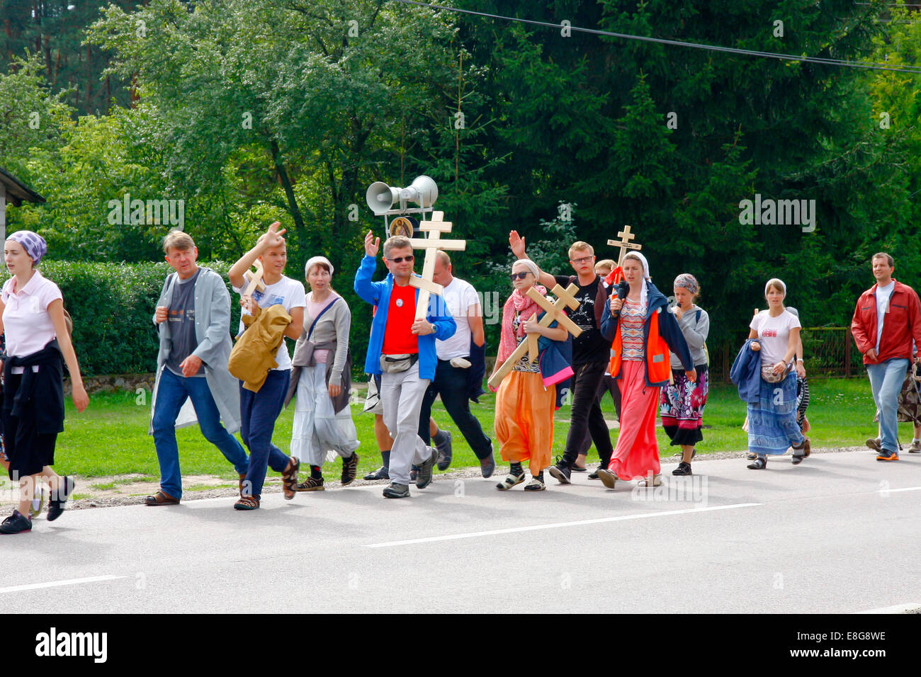 Orthodox pilgrims, singing and praying during their pilgrimage. Poland ...