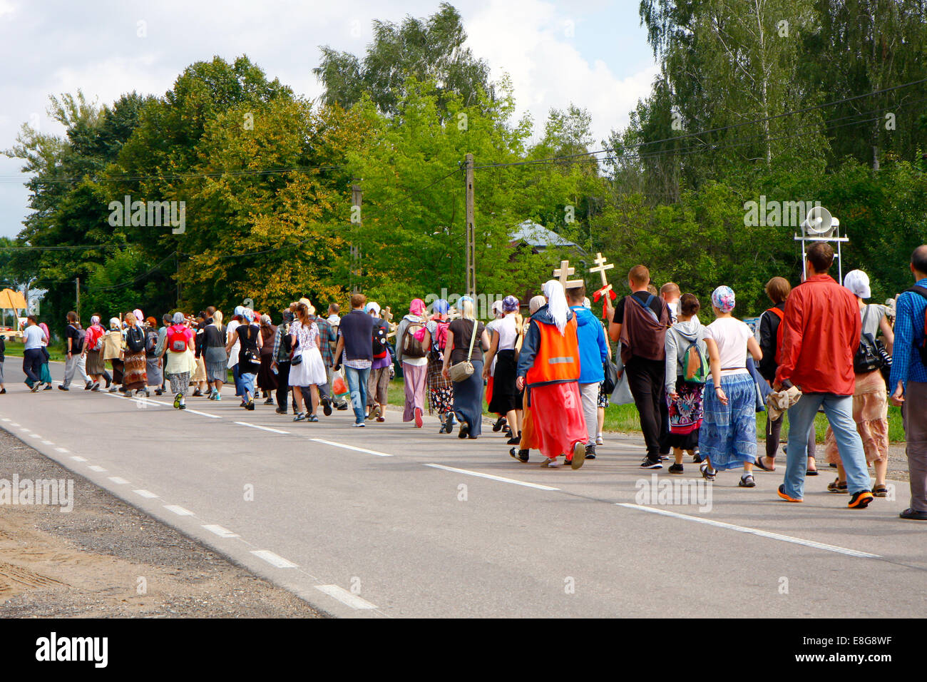 Orthodox pilgrims, singing and praying during their pilgrimage. Poland ...