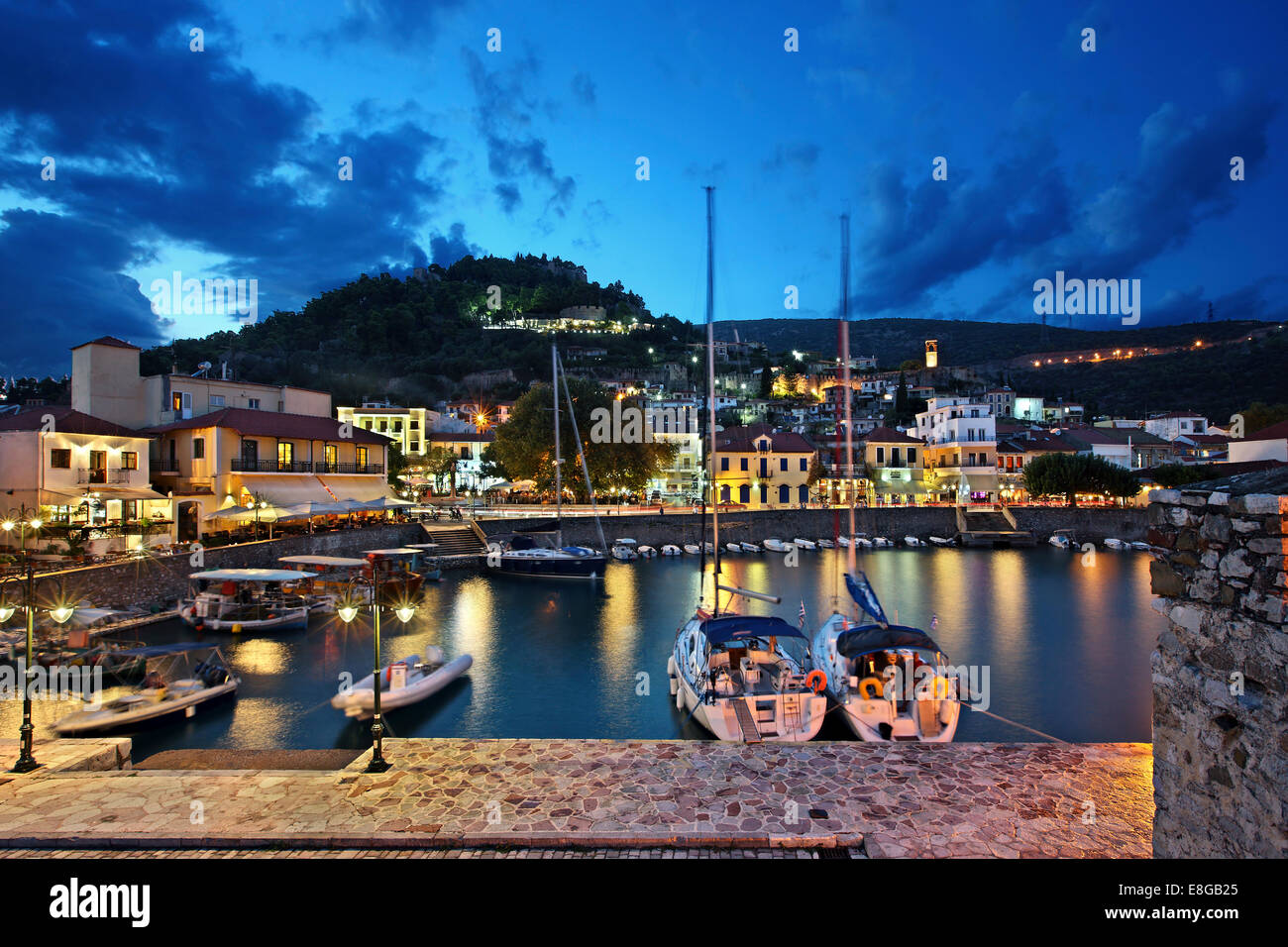 Night view of the picturesque little port of Nafpaktos (Lepanto) town ...