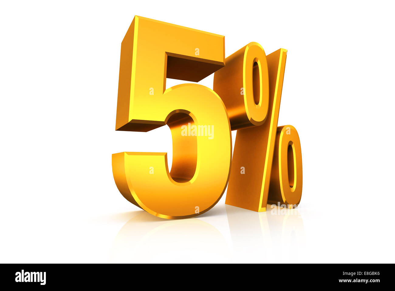 3D render text in 5 percent in gold on white background with reflection ...