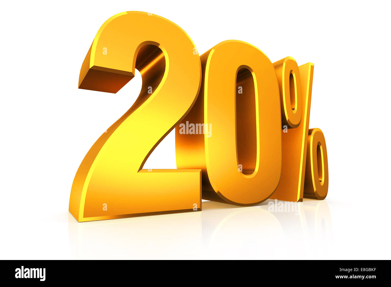 3D render text in 20 percent in gold on white background with ...