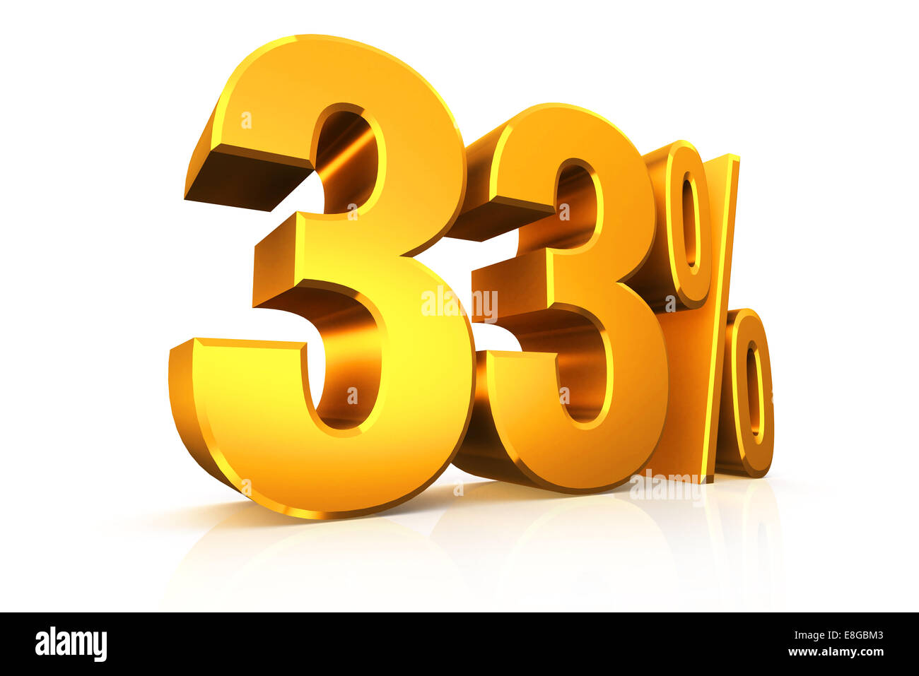 3D render text in 33 percent in gold on white background with ...