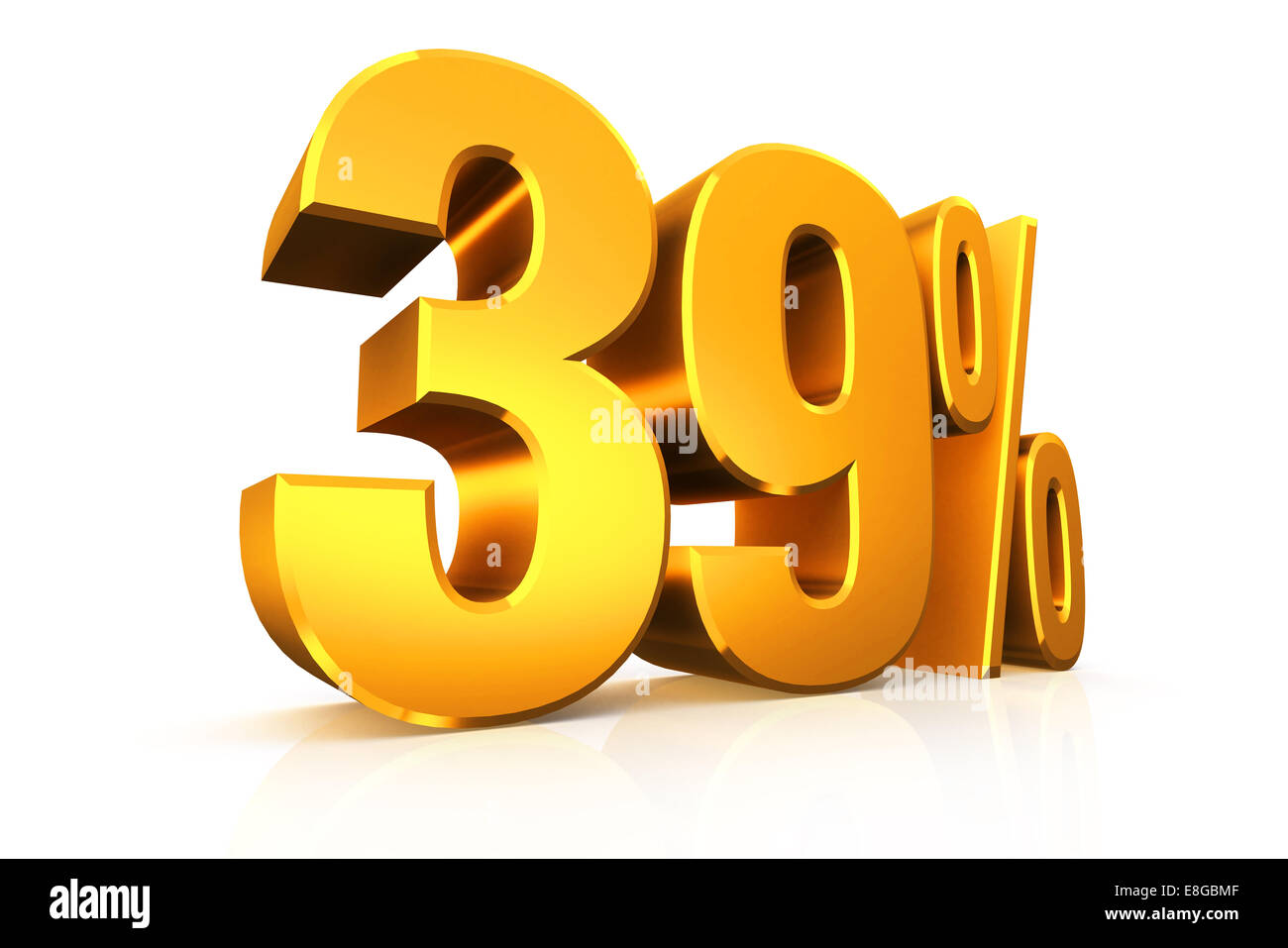 3D render text in 39 percent in gold on white background with ...