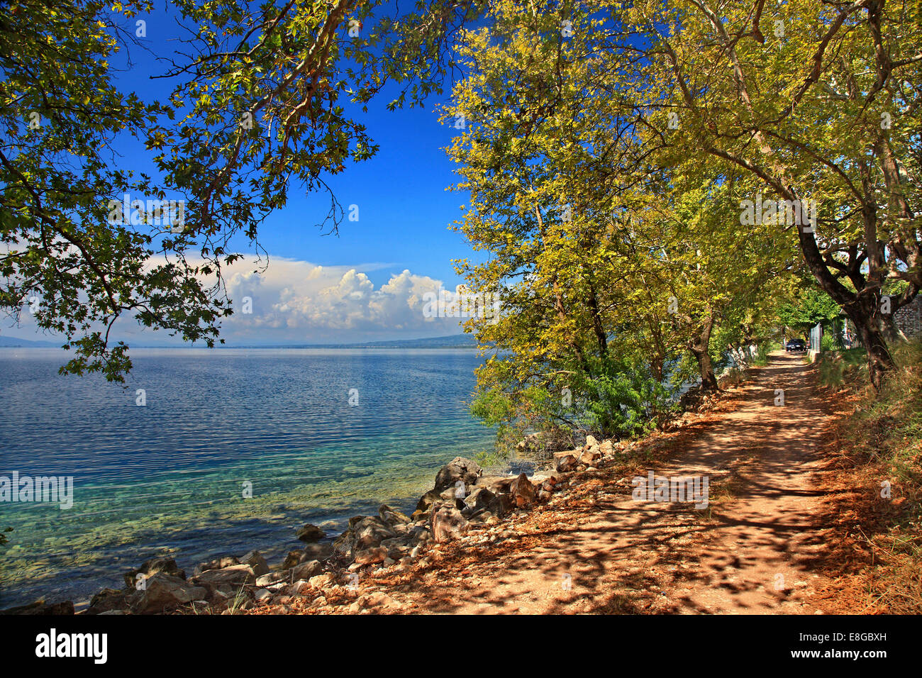 The lakeside road at Loutra Myrtias, Trichonida (or "Trichonis") lake ...