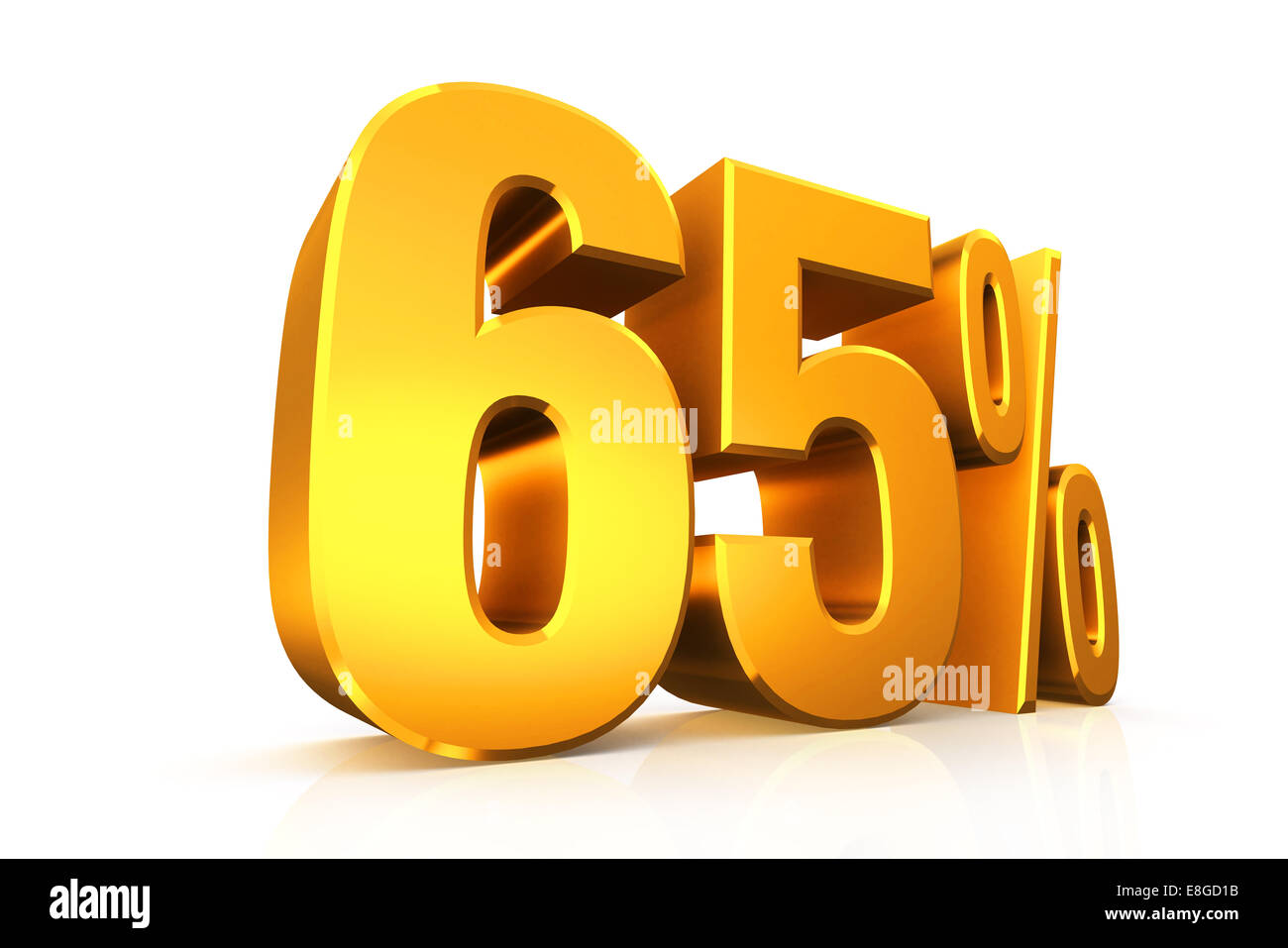 3D render text in 65 percent in gold on white background with ...
