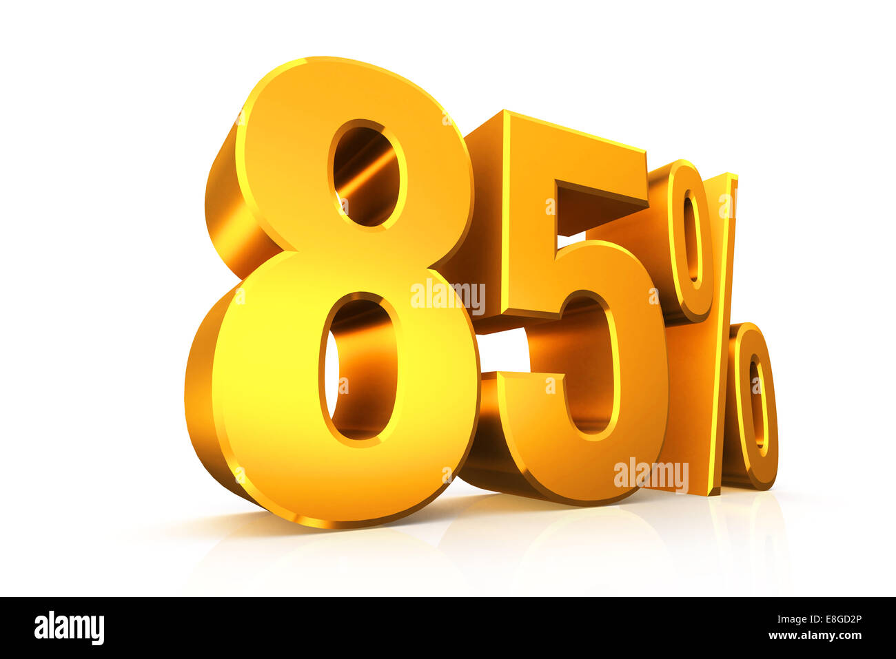 3D render text in 85 percent in gold on white background with ...