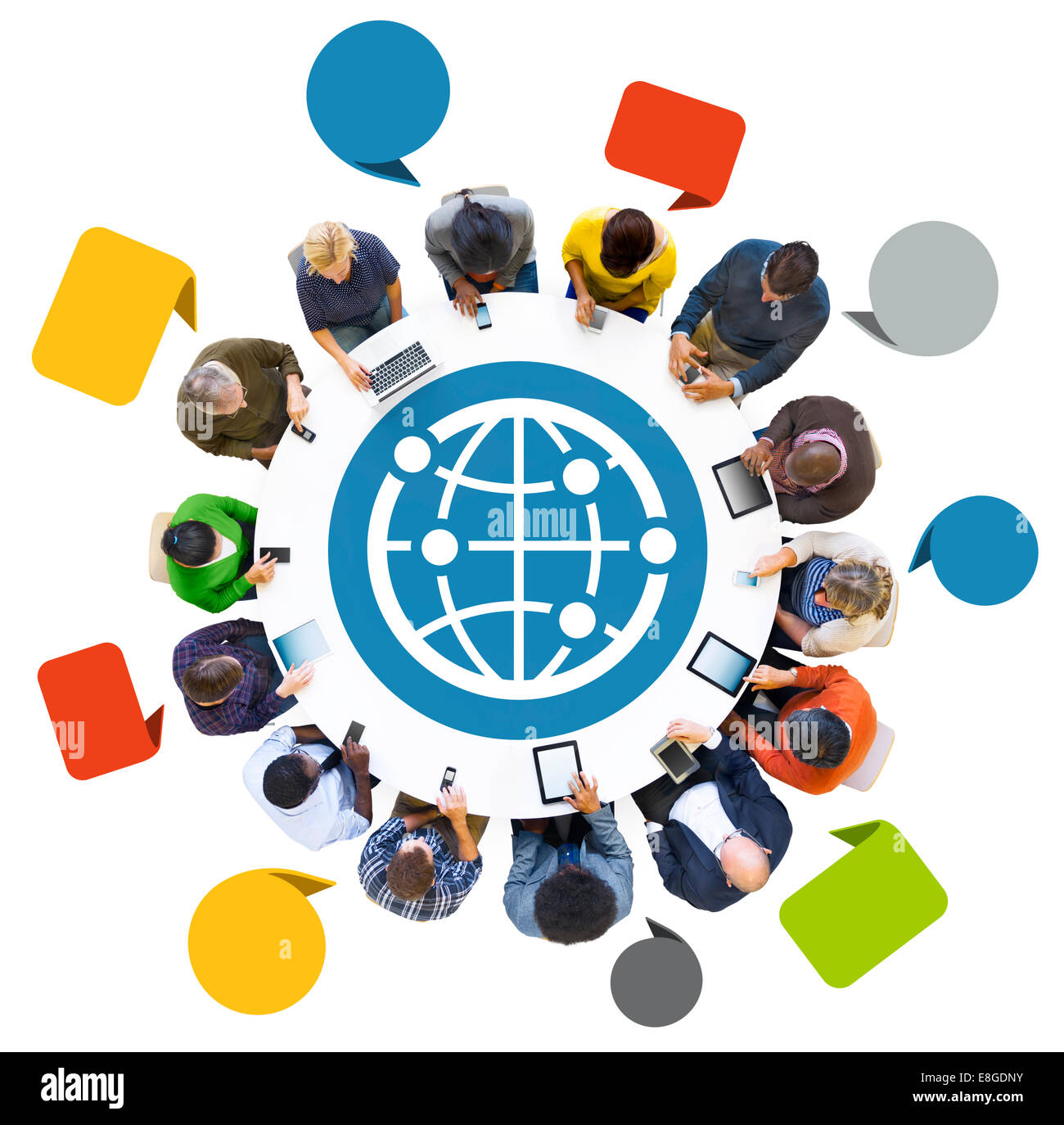 Group of People Using Digital Devices with Globe Symbol Stock Photo - Alamy