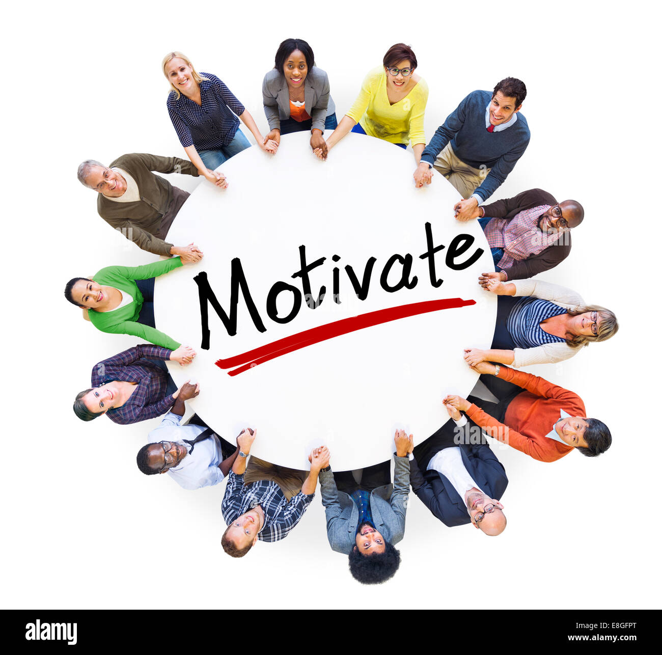 Group of People Holding Hands Around Letter Motivate Stock Photo - Alamy