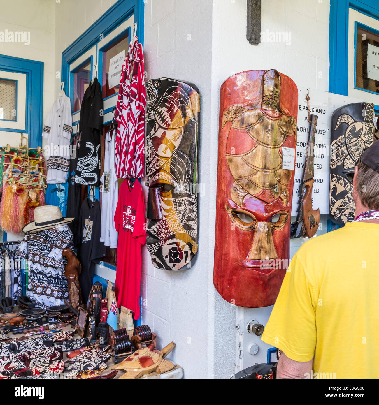 Traditional goods and carvings on display in shop at Fiji Stock Photo ...