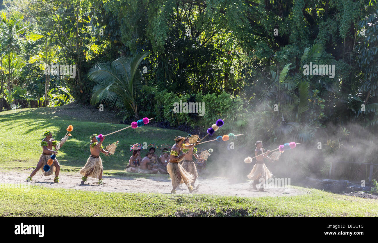 Traditional dancers at Fiji with smoke from fire walking ceremony Stock ...