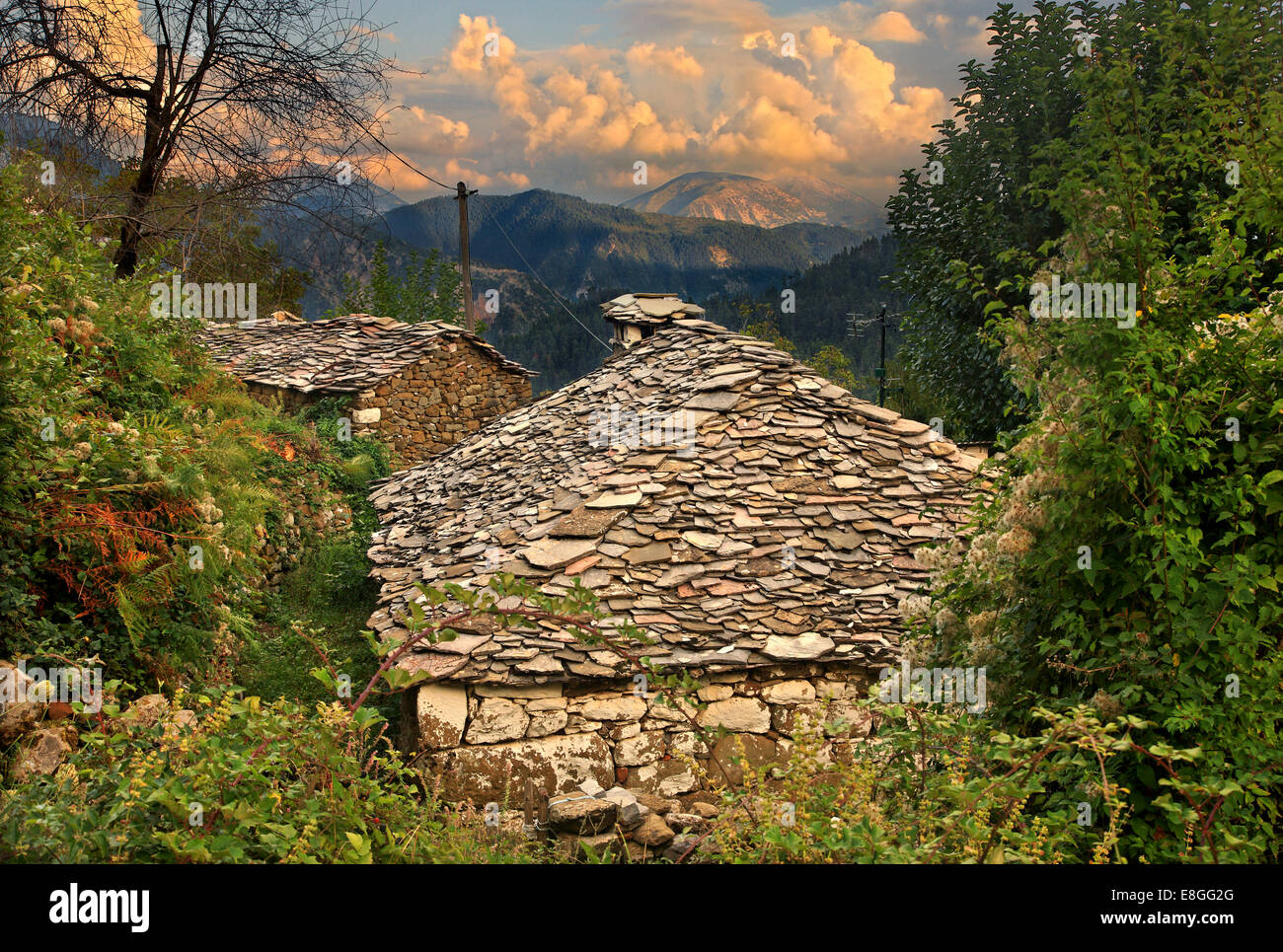 Old stone houses at Argyro Pigadi village, Oreini ("mountainous ...