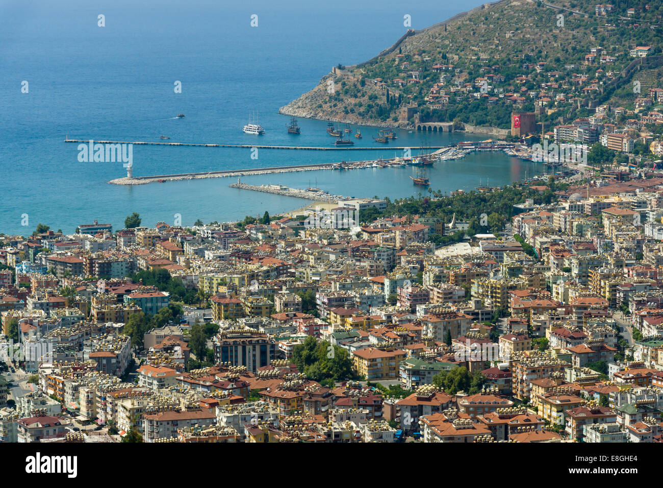Alanya, sea port and the Mediterranean Sea from the bird's-eye view ...