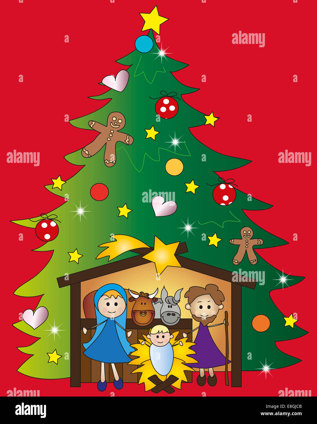 illustration of nativity with tree christmas Stock Photo - Alamy