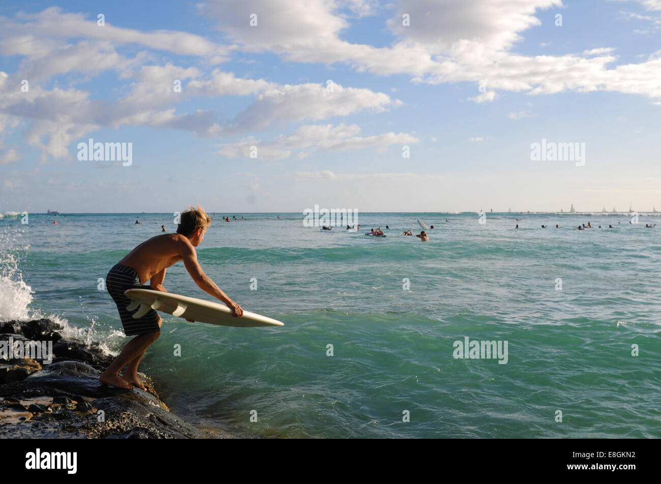 USA, Hawaii, Kalawao, Honolulu, Waikiki, Surfer on Pacific Ocean Stock ...