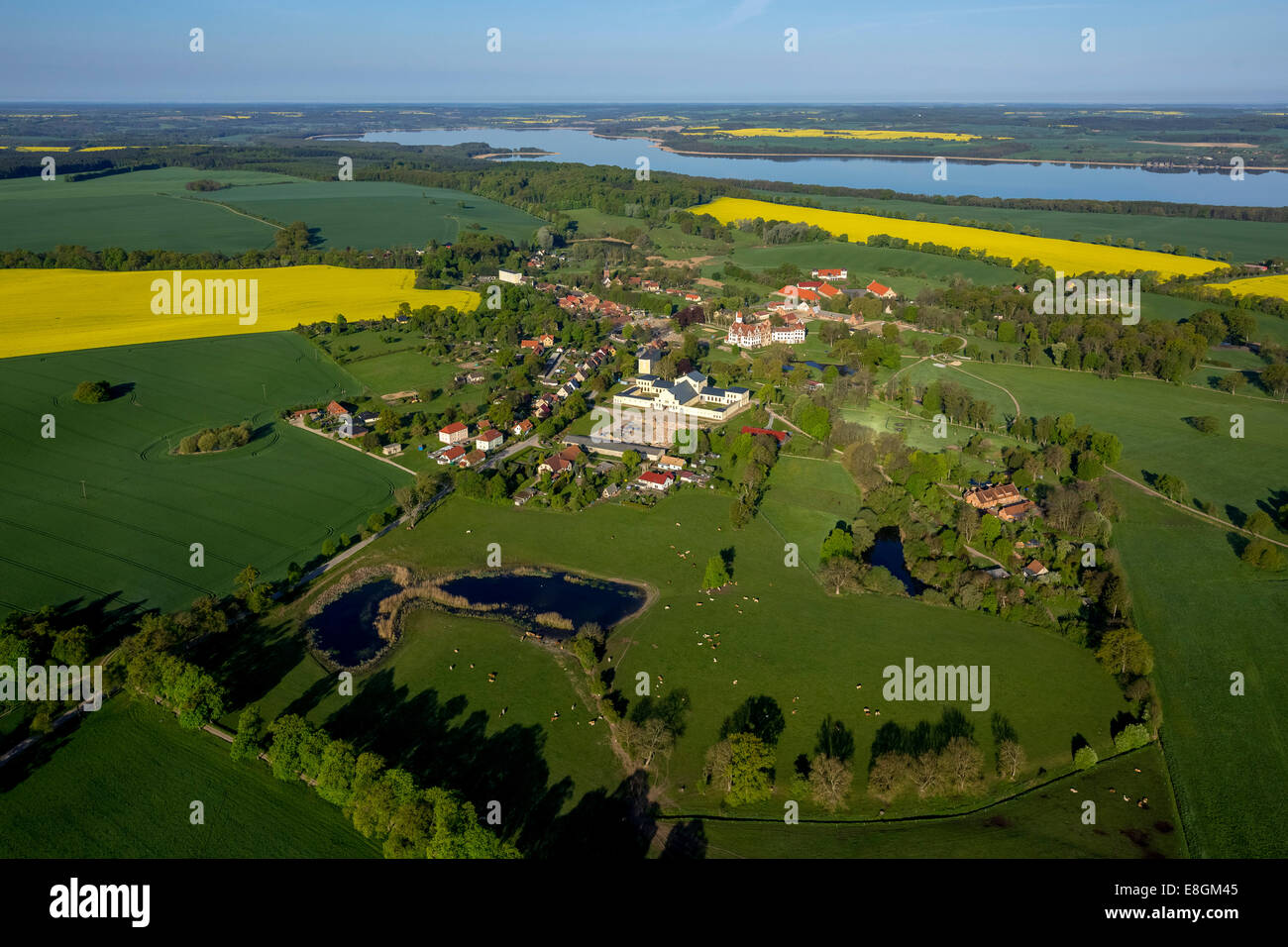 Aerial view, Village of Amt Malchin on Malchinger See lake, Basedow ...