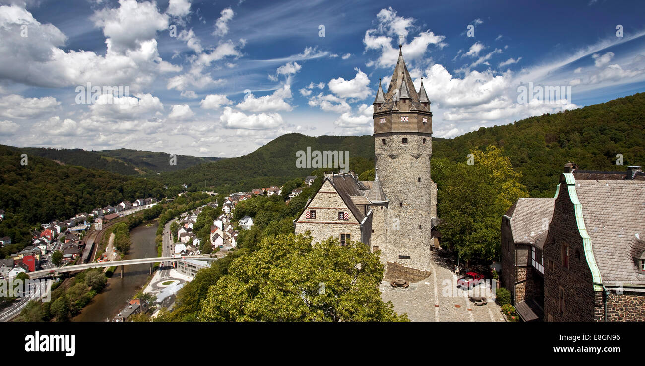Burg Altena Castle with the Lenne River, Altena, Sauerland region ...